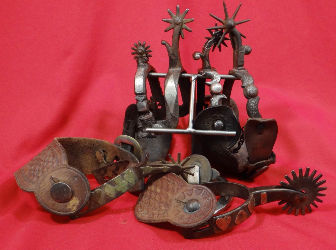 6 single spurs: KELLY BROS. heart pattern, short shank Mexican style ...