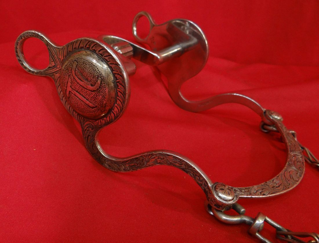 CROCKETT S- shanked curb bit w/ roller, "TC" engraved on conchos w ...