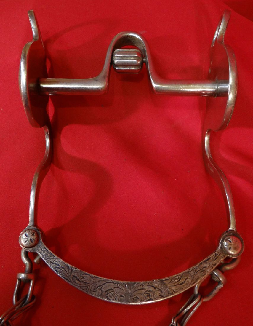 CROCKETT S- shanked curb bit w/ roller, "TC" engraved on conchos w ...