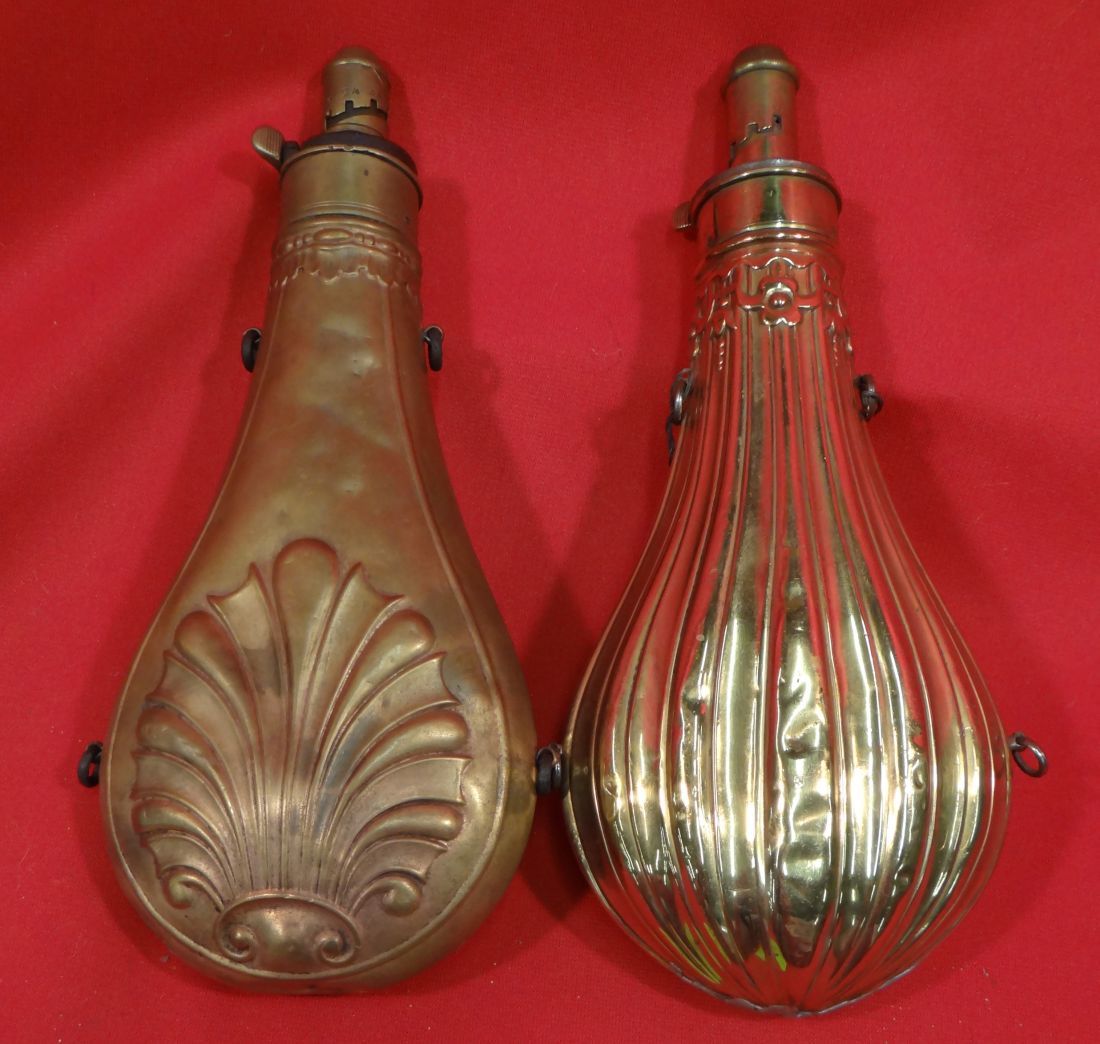 2 powder flasks: G&J.W. Hawksley & Sheffield & J. Matthalman