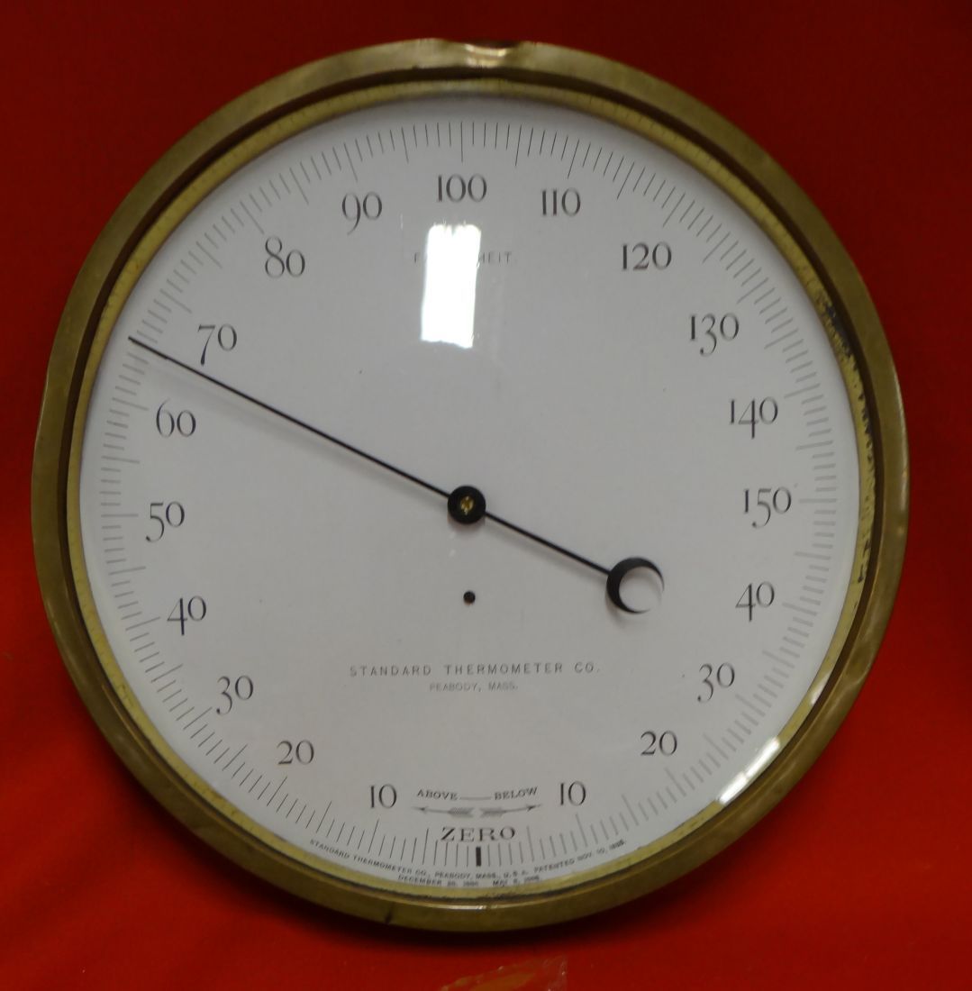 Brass ship's thermometer, 9", Std. Thermometer Co, Peabody, Mass ...