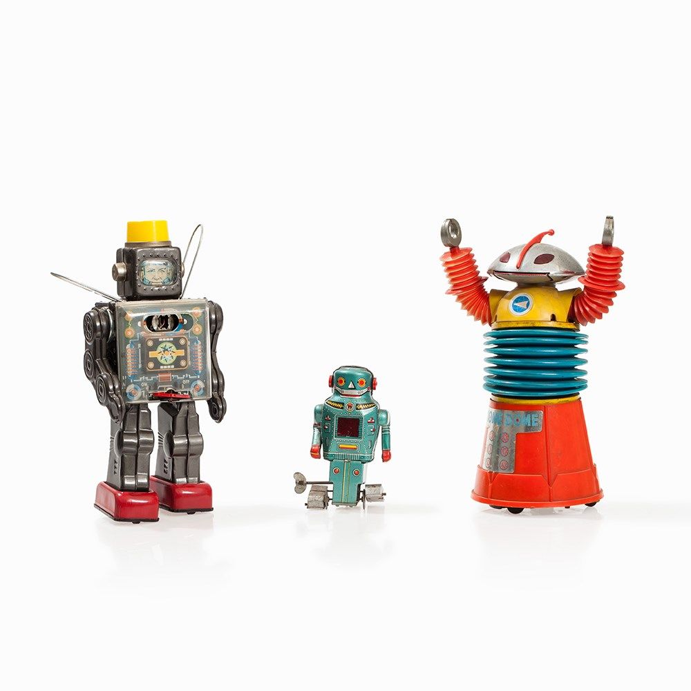 3 Space Tin Toys: Krome Dome, Space Man & Robot, Japan, 1960s
