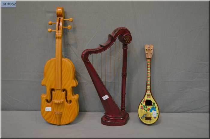 Three doll sized instruments including musical lute plus harp and ...