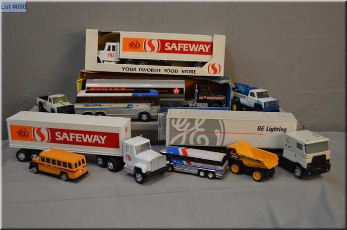 Selection of toys including an Ertl tanker, Safeway tractor trailer etc.