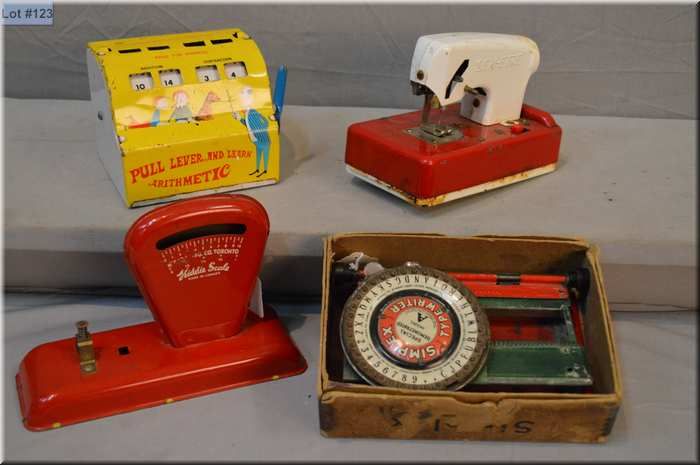 Selection of vintage tin toys including Marx Arithmetic toy, a Sew-ette ...
