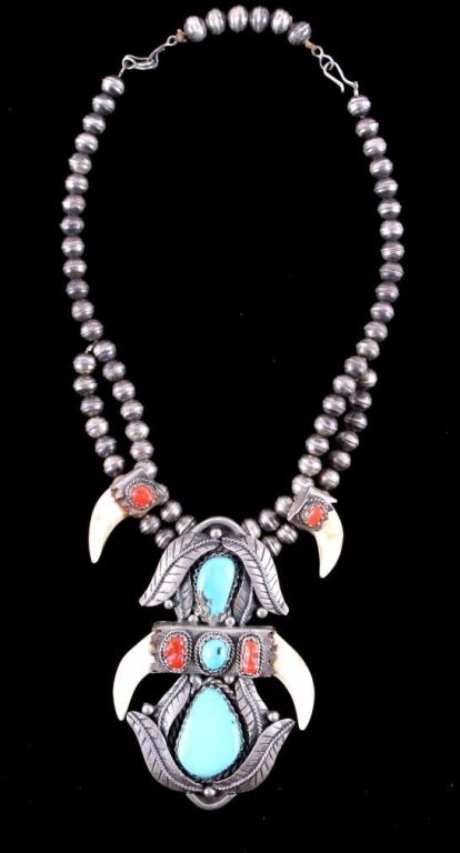 Navajo Turquoise, Coral, & Tooth Necklace This is