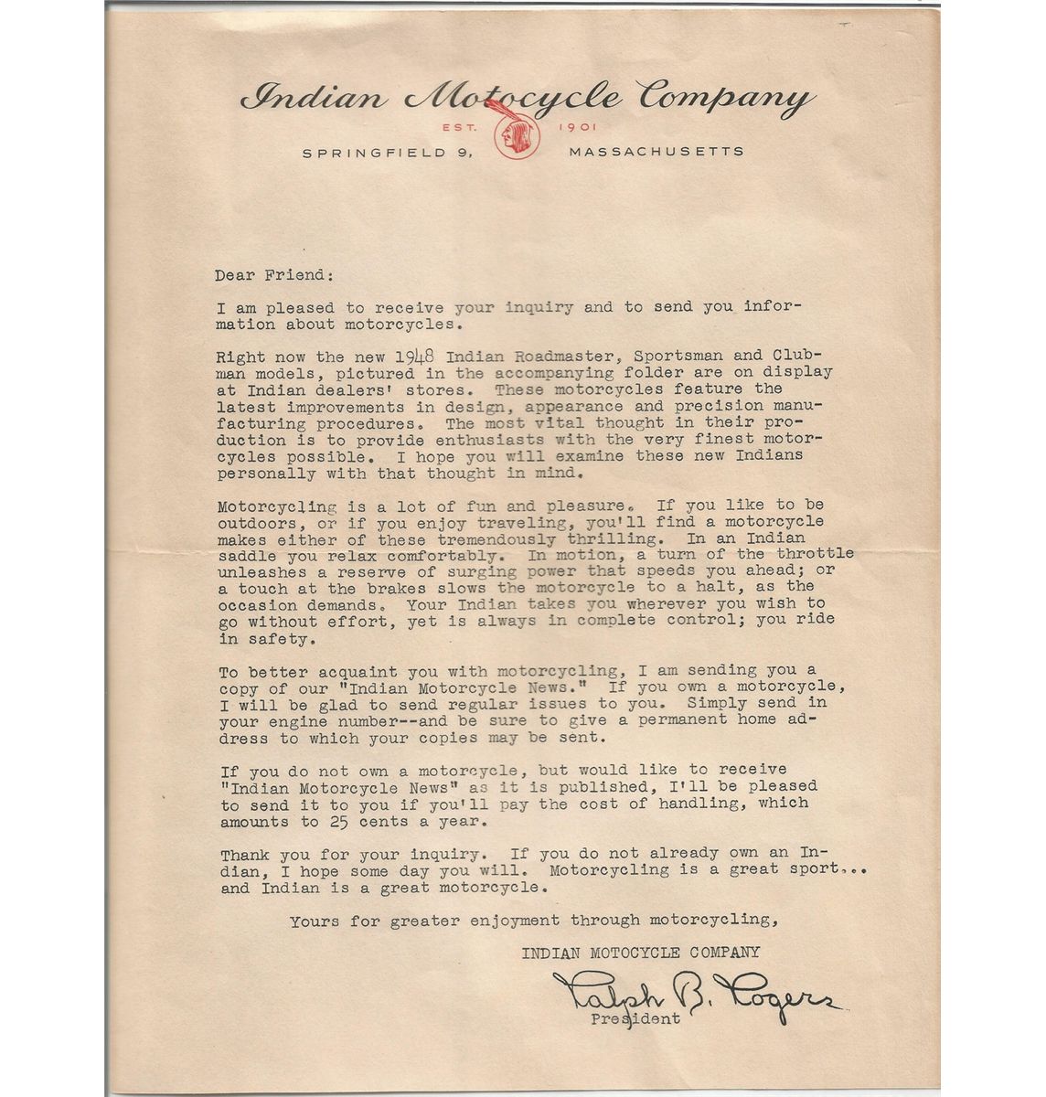 Steve McQueen owned 1920s Indian Motorcycle letter on letterhead ...