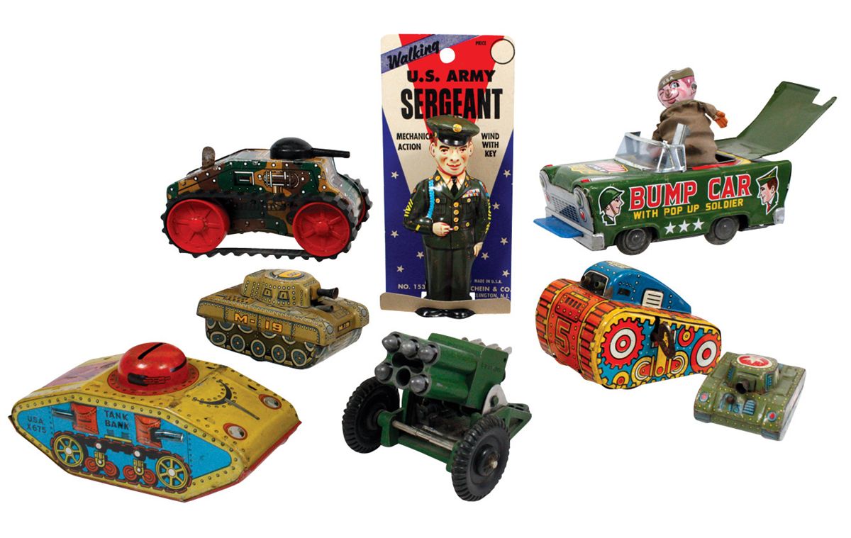 Toys, military (8), 2 tin windup tanks; 2 tin friction tanks; tin Tank ...