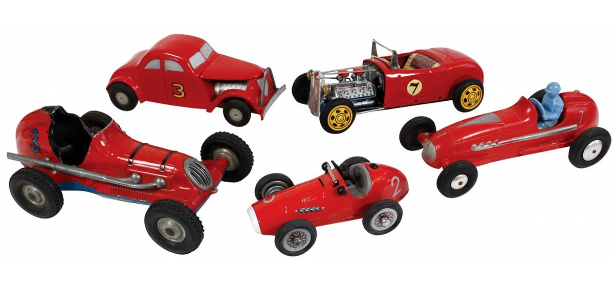 Toy hot rods & race cars (5), tin friction hot rod w/exposed engine ...