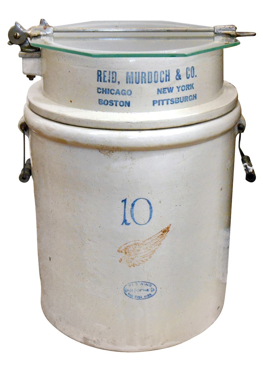 Stoneware crocks (2), Reid, Murdoch & Co. advertising pickle crock w ...