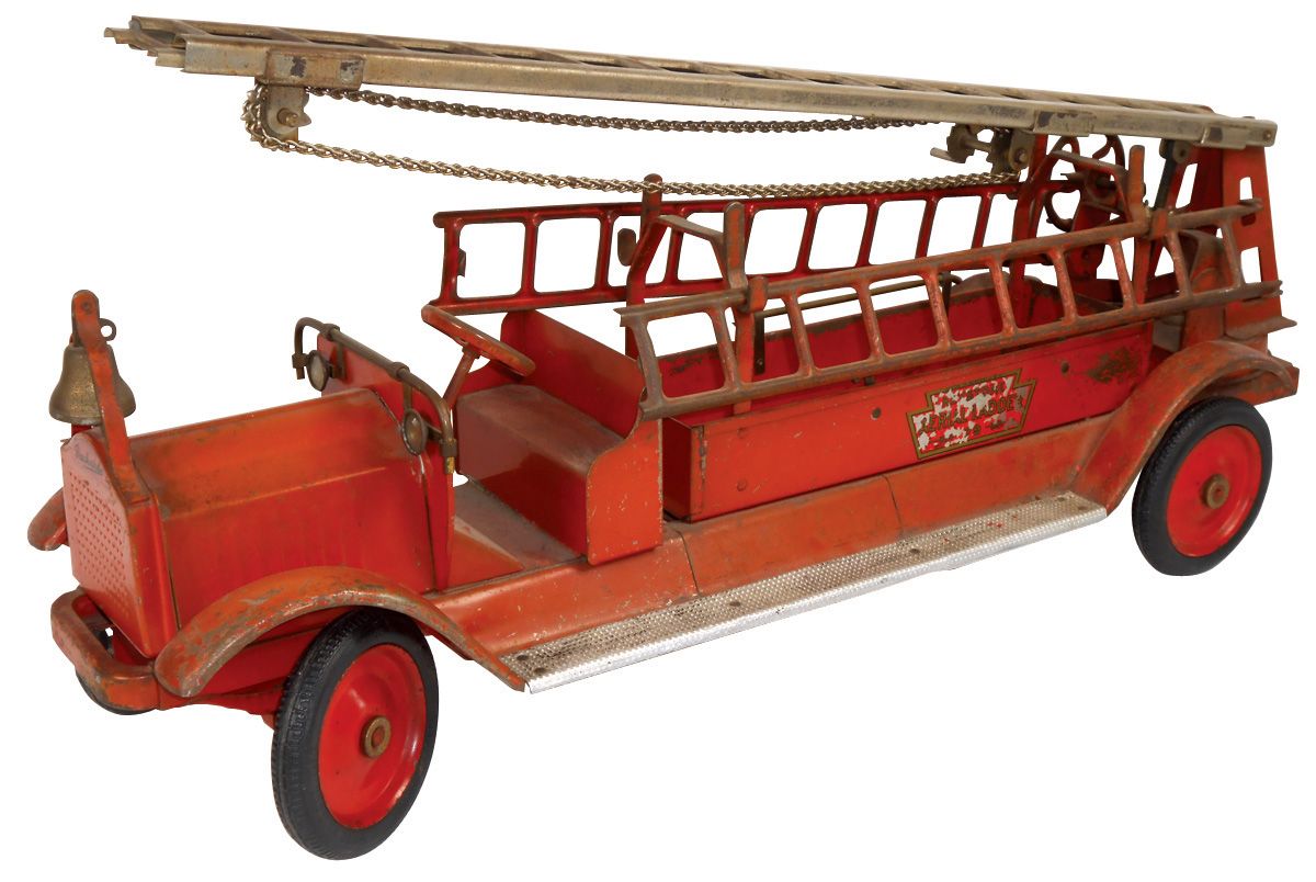 Toy fire truck, Keystone-Packard Aerial Ladder 79, pressed steel, VG ...