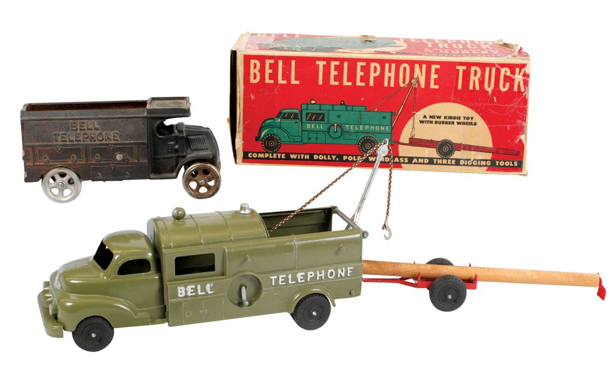 Toy Bell Telephone trucks (2), both Hubley, one cast iron w/nickeled ...