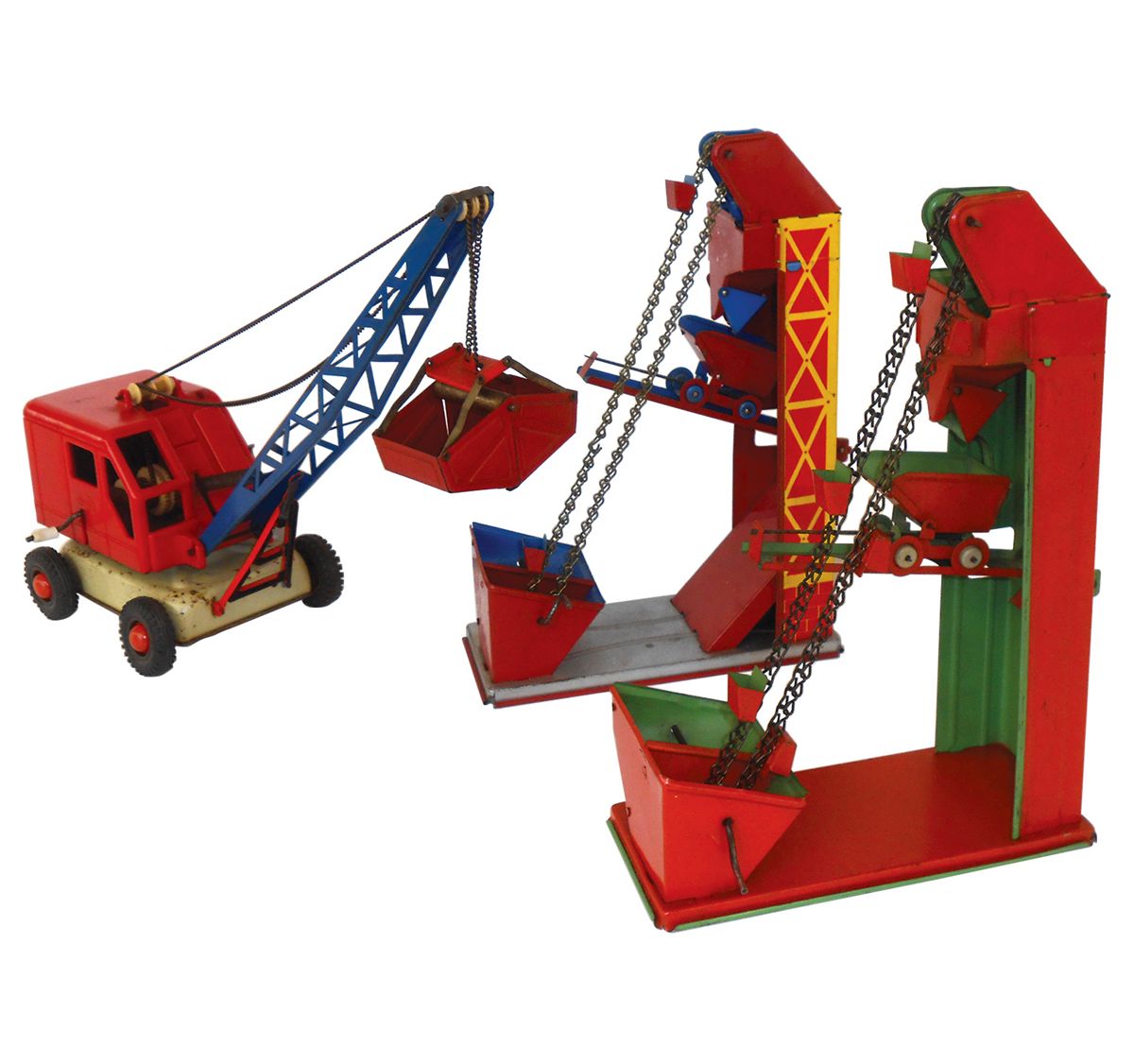 Toys (3), Gamma crane w/claw attachment, pressed steel & plastic & 2 ...