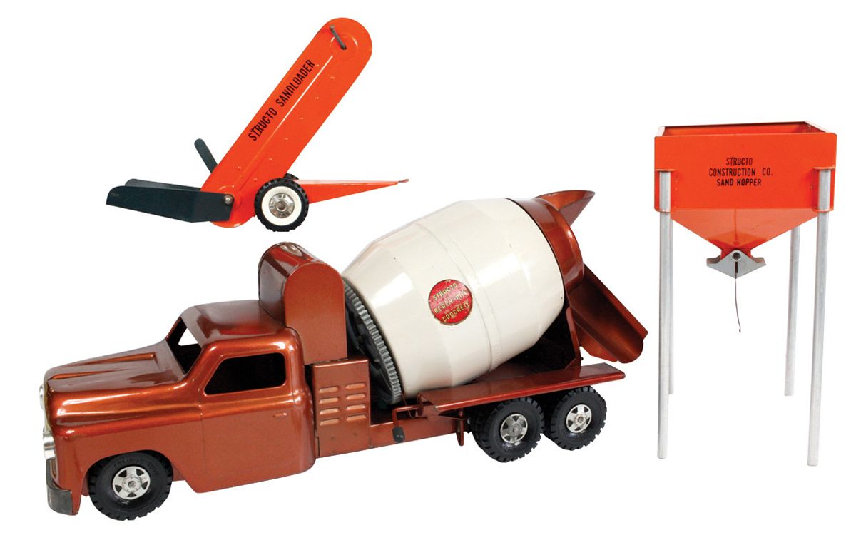Toys (3), Structo sand hopper, sand loader & cement truck, all pressed ...