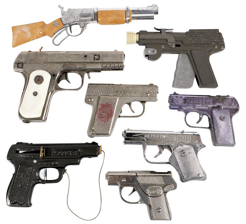 Toy cap guns (8), Kilgore, Hawkeye, Hubley, Army 45, Nichols, Spit-Fire ...