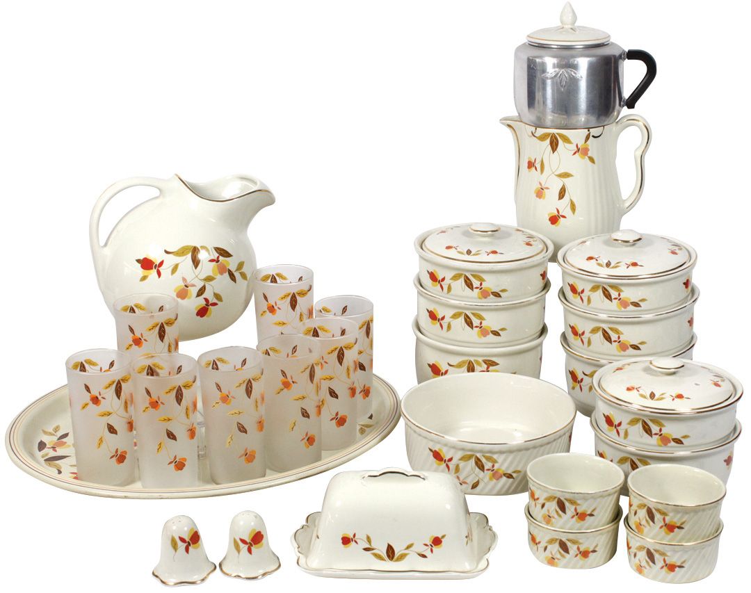 Jewel Tea Autumn Leaf (27), ball pitcher w/8 frosted iced tea glasses ...