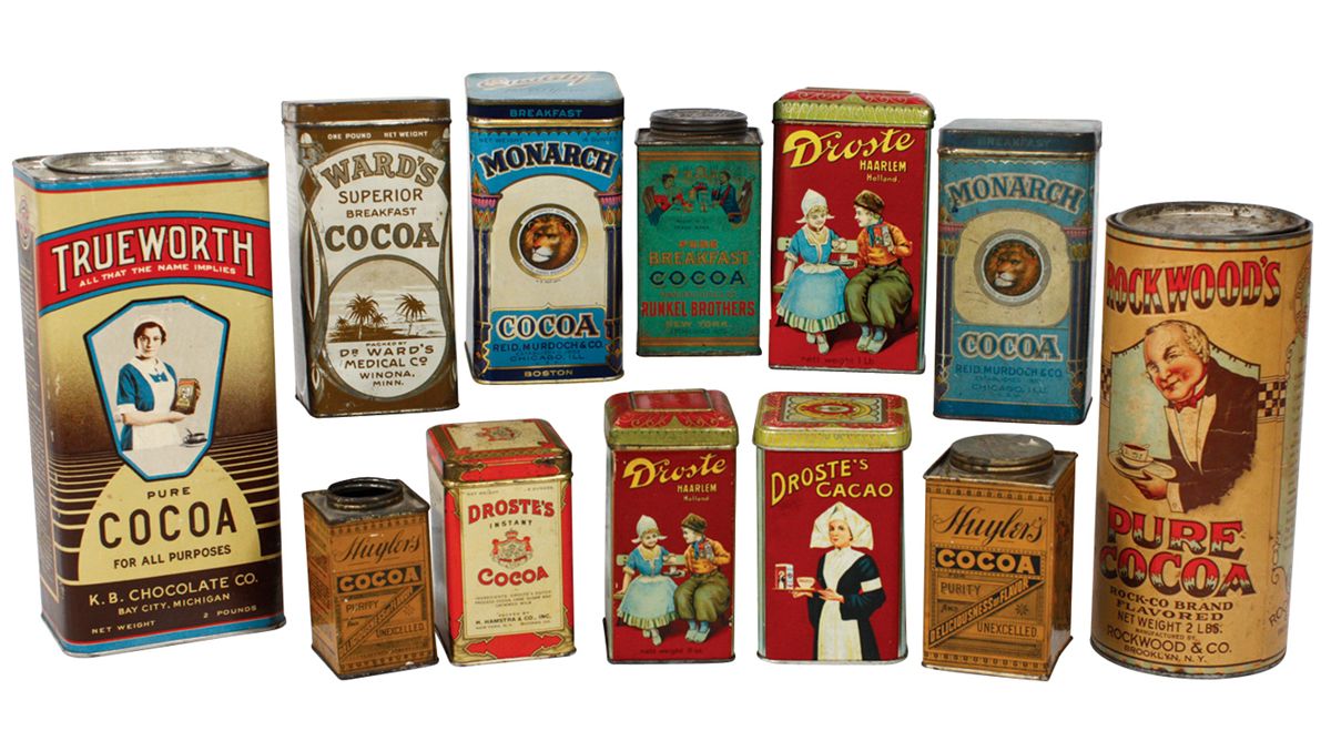 Country store cocoa tins (12), Rockwood's, Runkel Bros, Huyler's (one w ...