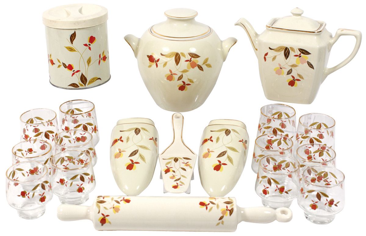 Jewel Tea Autumn Leaf (19), 1978 cookie jar, tea pot & 12 juice glasses ...