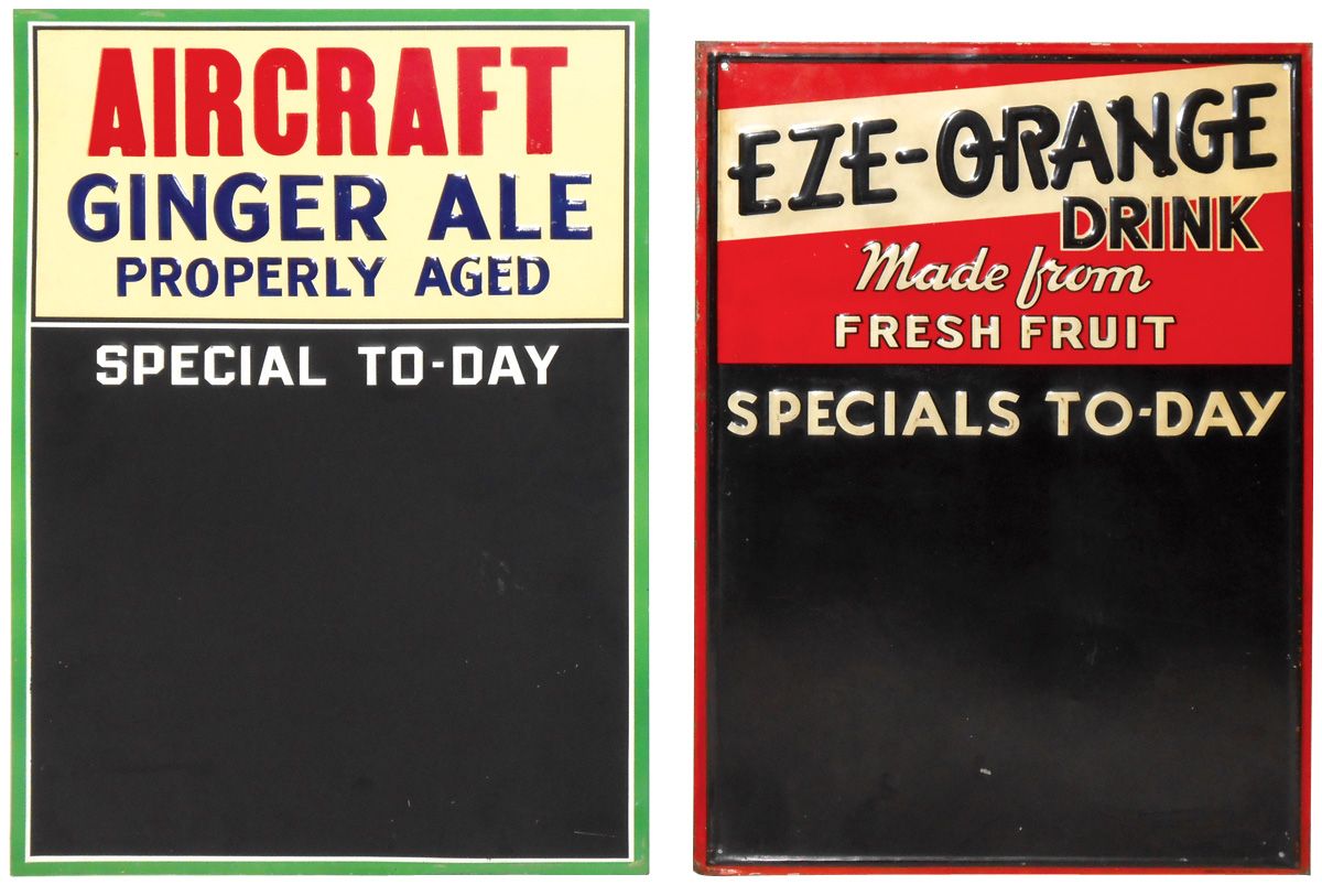 Soda fountain menu boards (2), Eze-Orange Drink & Aircraft Ginger Ale ...