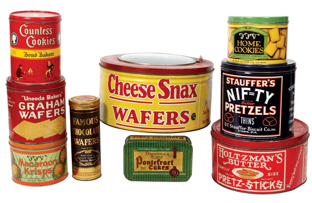 Country store snack tins (9), Strietmann's Biscuit Co. w/glass top ...
