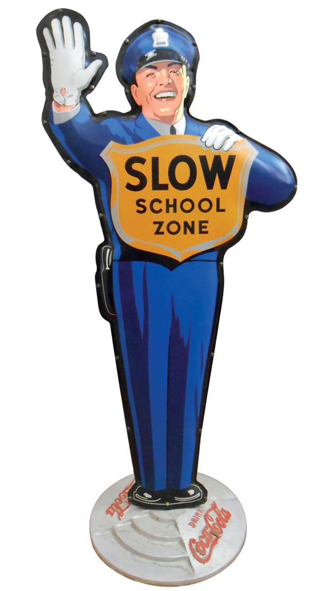 Coca-Cola sign, Policeman school crossing guard w/cast iron base, 2 ...