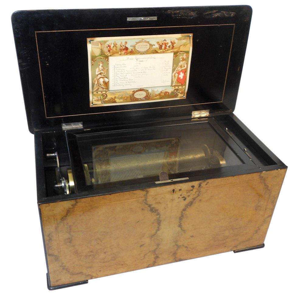 Music box, 13" cylinder player w/double comb & organ, "10 Airs ...