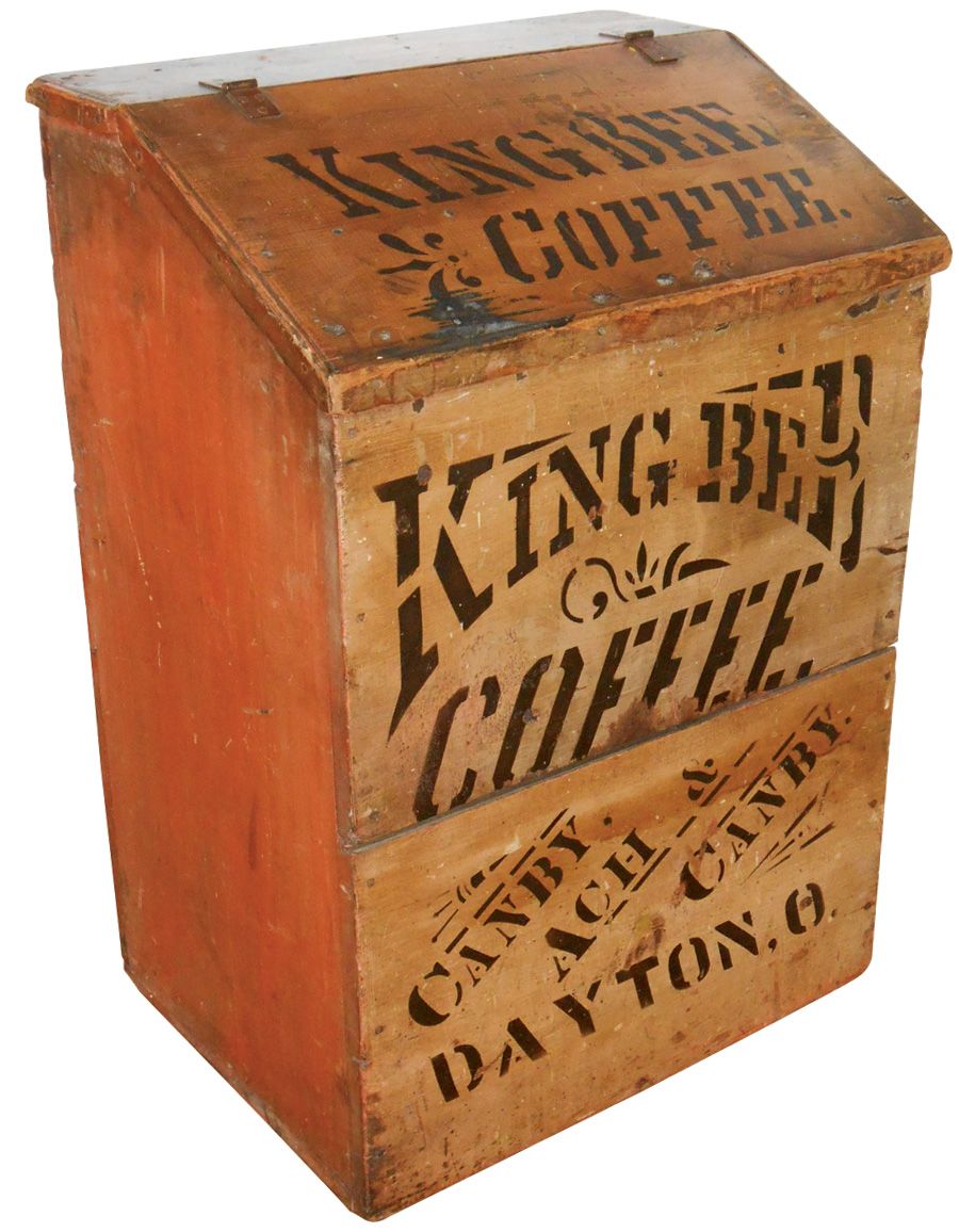 Country store coffee bin, King Bee Coffee, wood w/great stenciled front ...