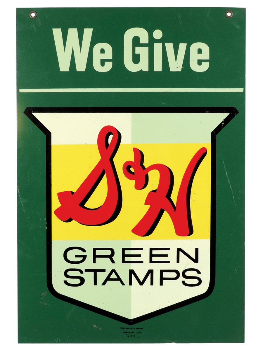 Advertising sign, S & H Green Stamps, 2-sided painted heavy metal sign ...