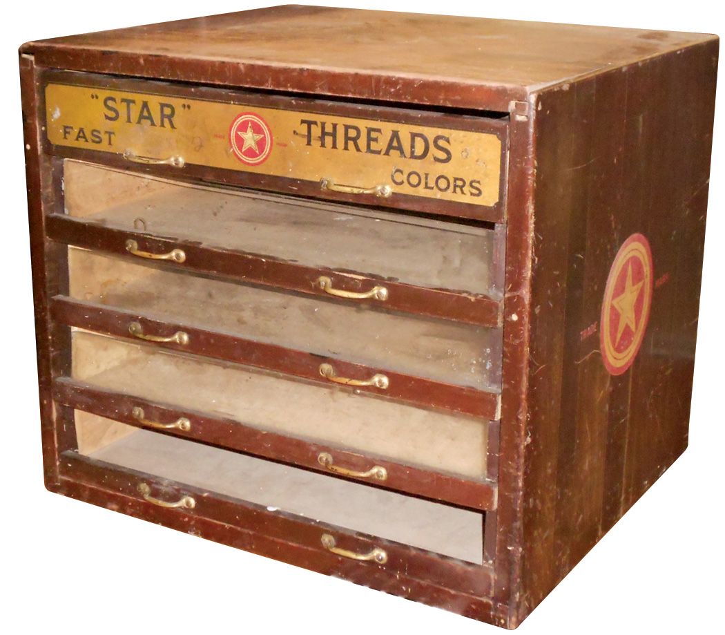 Country store spool cabinet, Star Threads, wood 5-drwr, 4 w/glass ...