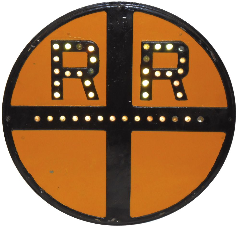 Railroad crossing sign, metal w/round glass jewels, c.1920, Good ...