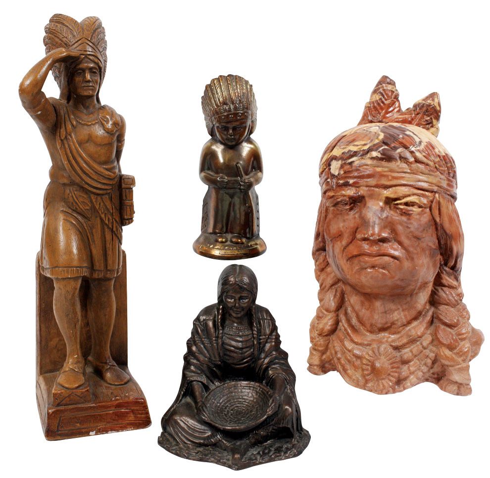 Indian figures (6), carved stone Indian bust, plaster full-figure cigar ...