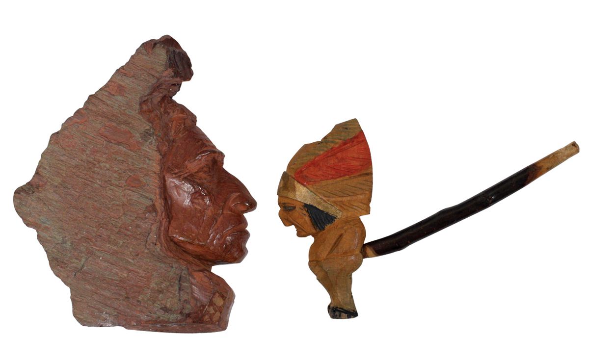 Indian figures (6), carved stone Indian bust, plaster full-figure cigar ...