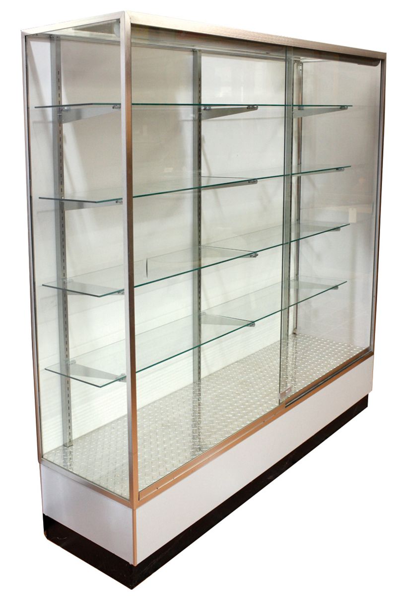 Display case, floor, contemporary, lighted wood, metal & glass case w/4 ...
