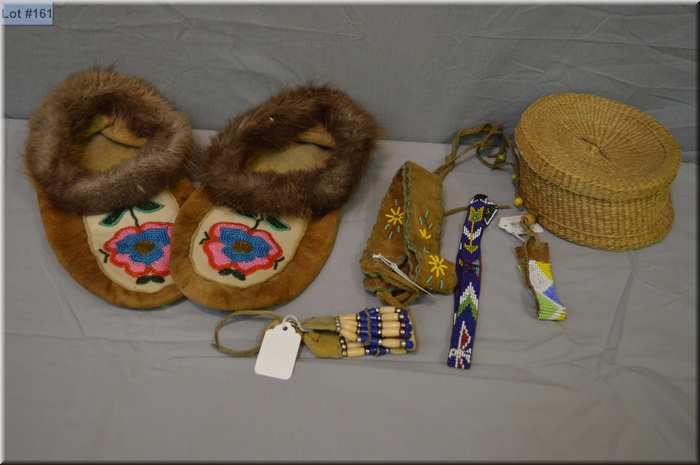 Selection of Inuit items including beaded belt, beaded moccasins, small ...
