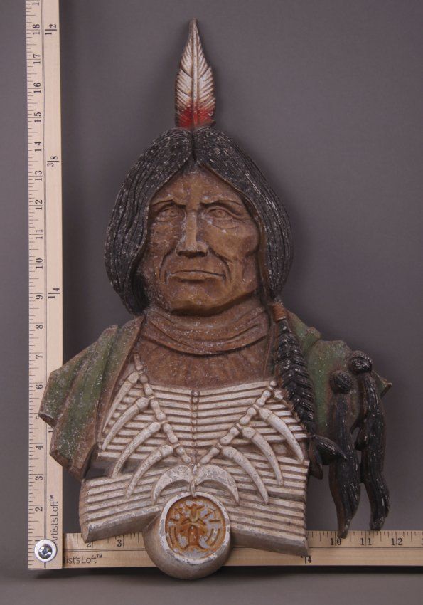 Indian Chief Sexton metal wall plaque, 1970 USA.