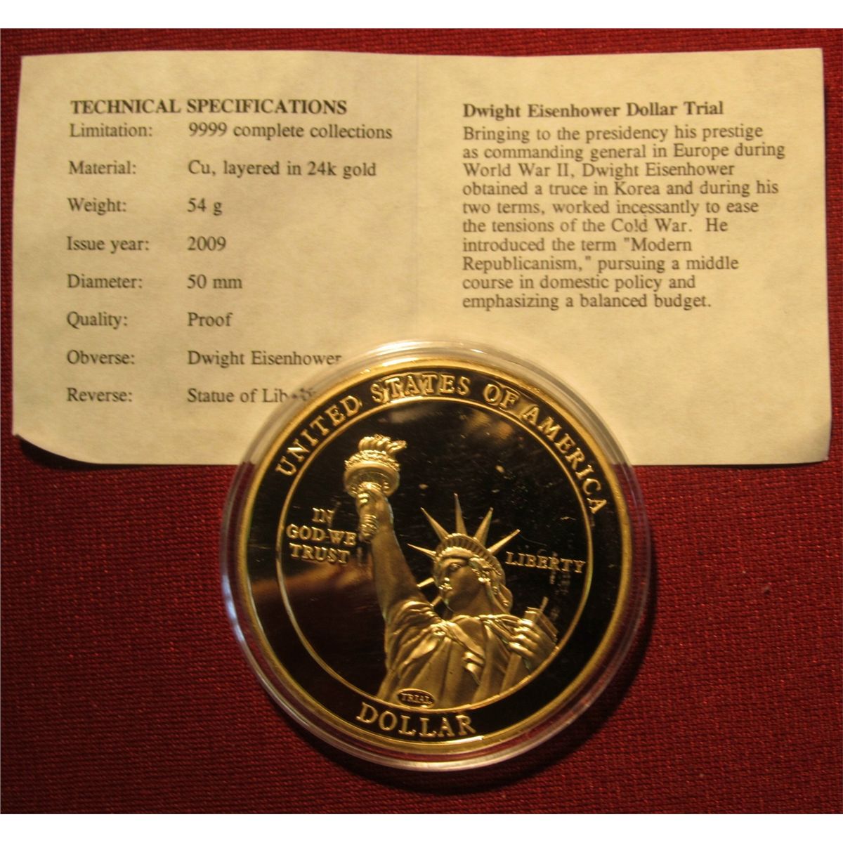 783. 2009 Dwight Eisenhower 50mm Presidential Dollar Trial Coin from ...