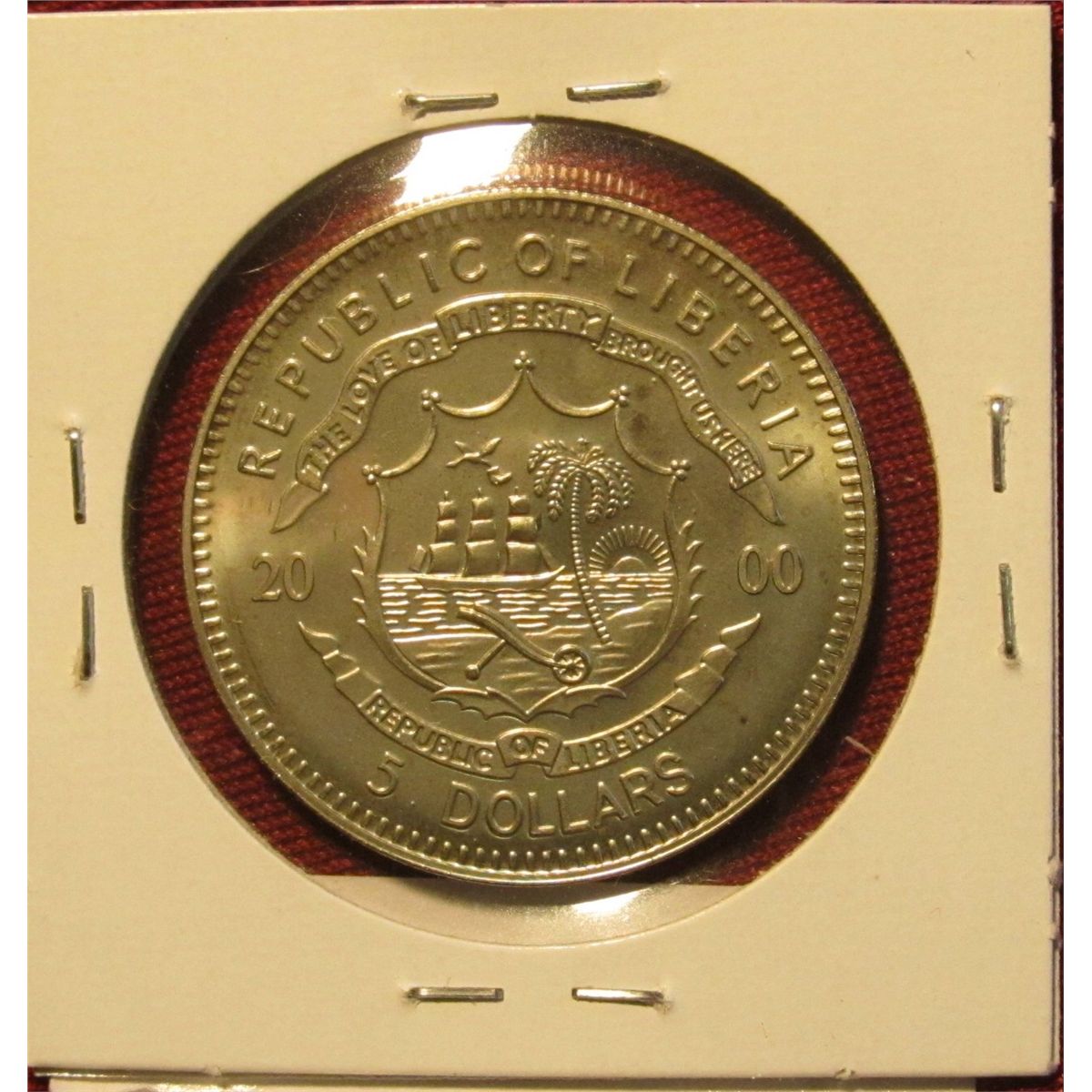 1482. 2000 Liberia Columbus’ Discovery of America commemorative $5 coin, BU