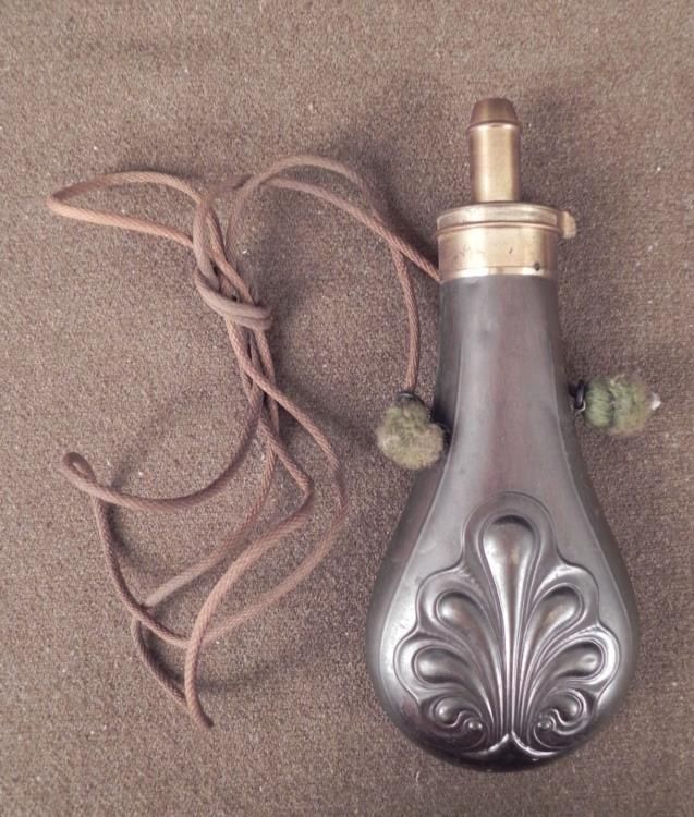 Antique Copper Powder Flask 1800s w/ Plume Design