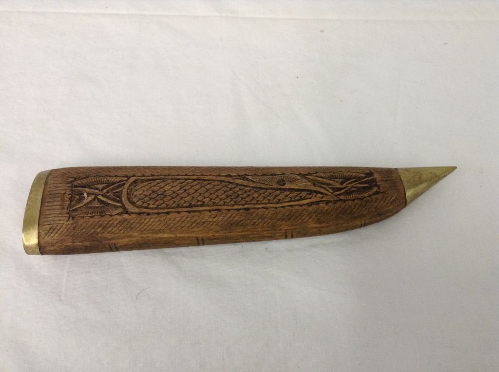 Vintage Hand Carved Wood and Brass Knife Sheath