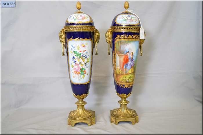Pair of 18th century Sevres porcelain lidded garnitures with cast bases ...