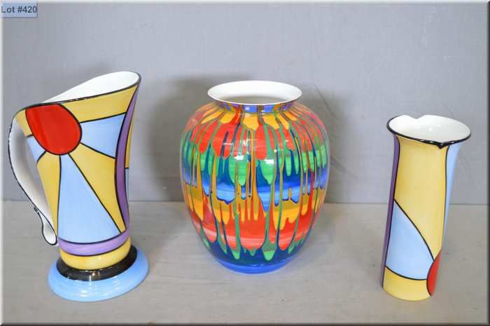 Three pieces of Brian Wood pottery including 8" vase and handle pitcher ...