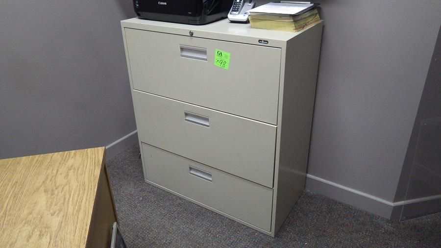 1 THREE DRAWER FILE CABINET WITH HANGING FILE FOLDERS, 3 WALL SHELVES ...