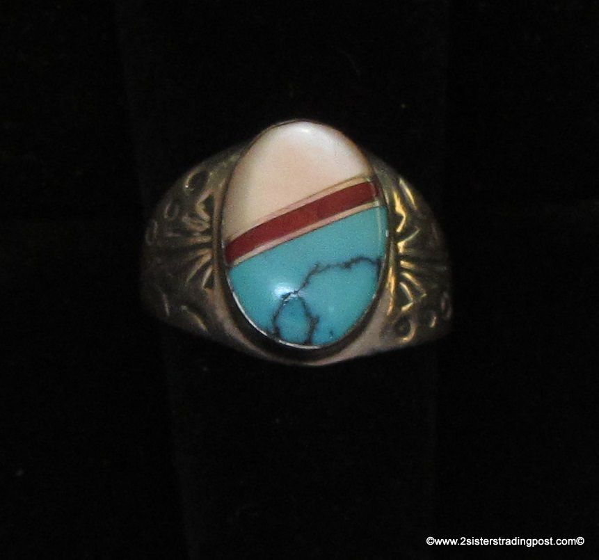 Oval Inlay of Opal, Turquoise and Coral Ring