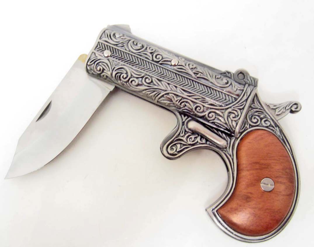 Deadman's Hand Gun Knife with Wood Display Stand