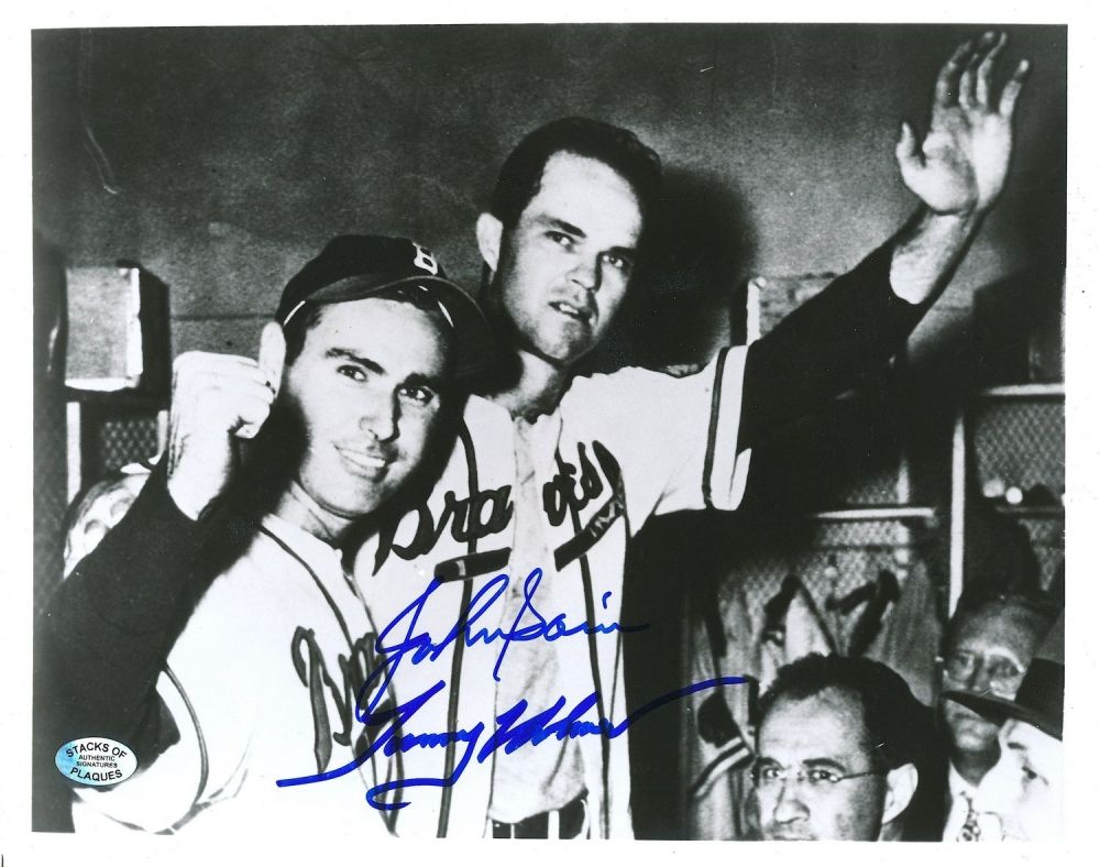 Johnny Sain & Tommy Holmes Signed Braves 8x10 Photo (SOP COA)