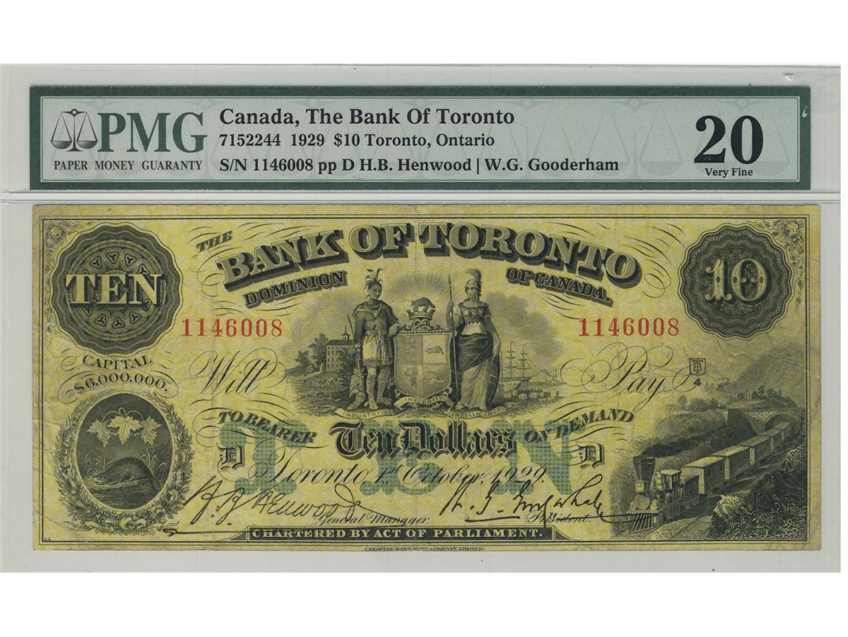 The Bank of Toronto; 10 dollars 1929 #1146008 Charlton-715-22-44 PMG VF20.