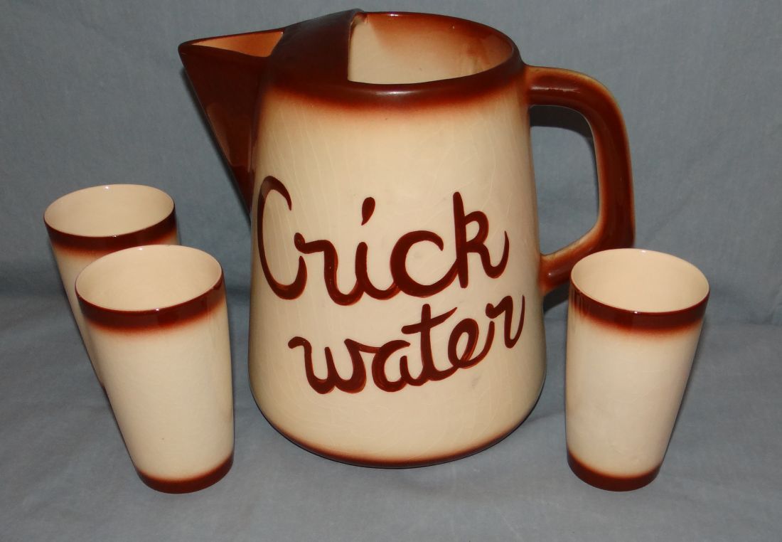 "Crick water" pitcher & tumbler set, 6 tumblers