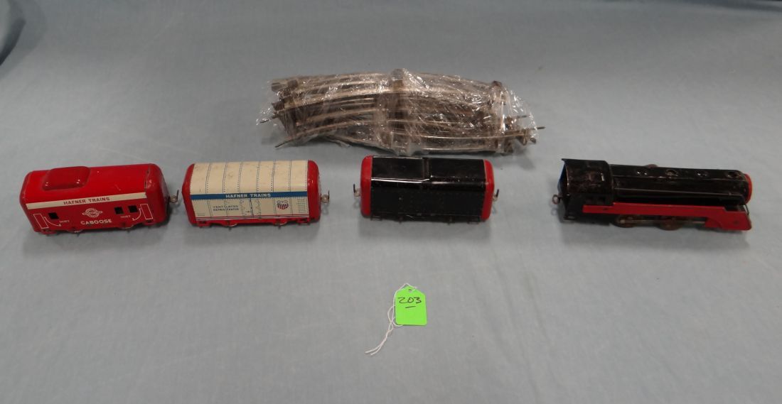 Hafner toy train set, wind-up, locomotive, 3 cars & track