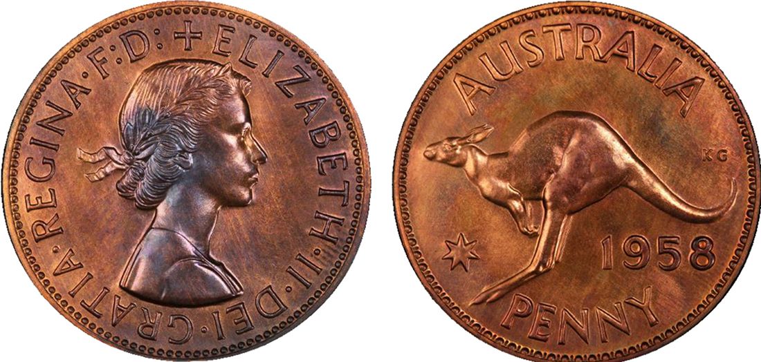 1958 Australian QEII Penny - PCGS PR 64 RB
