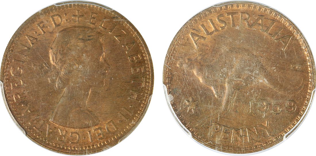 1959 Australian QEII Penny - PCGS MS 63 RB